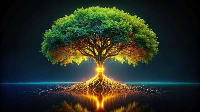 Futuristic Digital Tree Roots Glowing on a Sleek Reflective Surface a ...