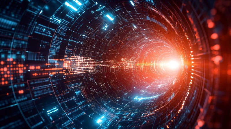 Futuristic Digital Tunnel Abstract Data Stream Network Technology Cyberspace Binary Code Orange ...