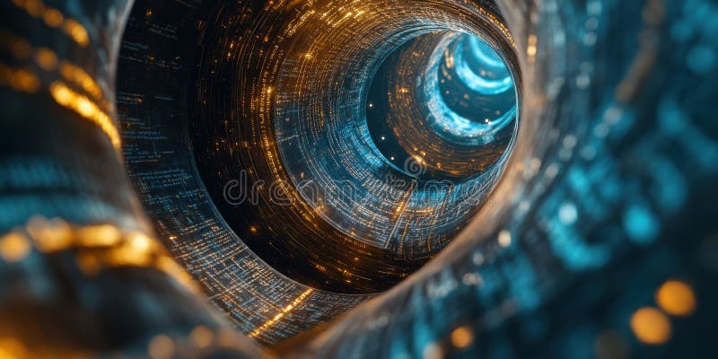 Futuristic Digital Tunnel with Blue and Gold Light Patterns Symbolizing ...