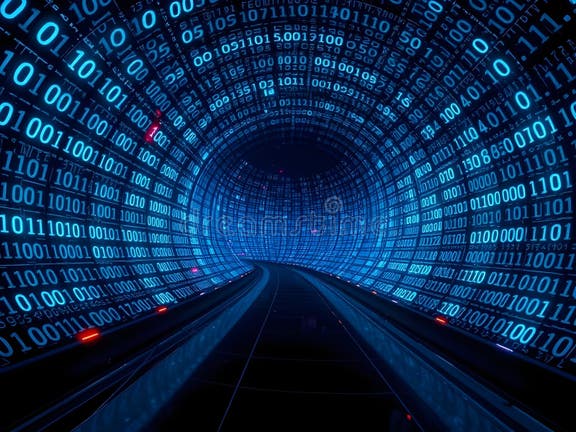 Futuristic Digital Tunnel with Glowing Binary Code and Red Light Trails ...