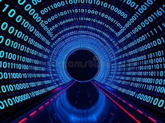 Futuristic Digital Tunnel with Glowing Binary Code and Red Light Trails ...