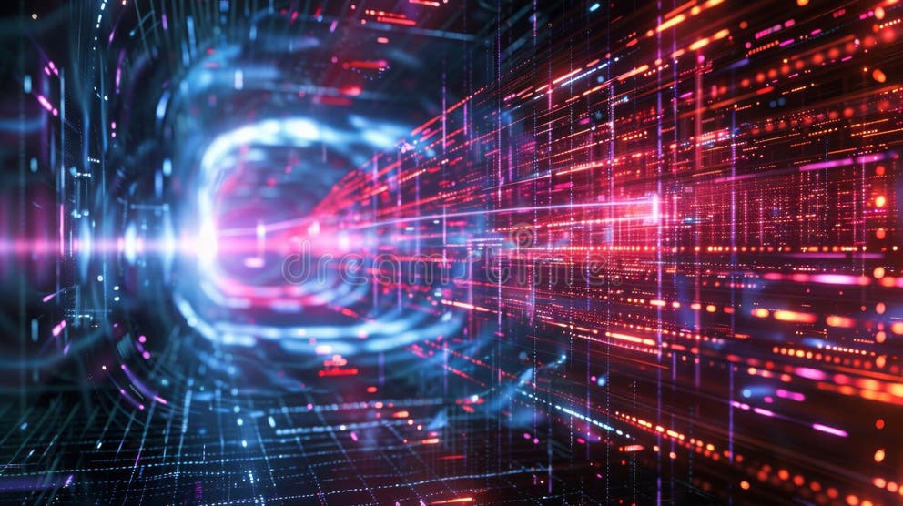 Futuristic Digital Tunnel with Glowing Lines and Codes, Quantum ...