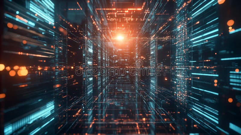 Abstract Digital Tunnel Technology Background Orange Blue Lines Data Stream Futuristic Network ...