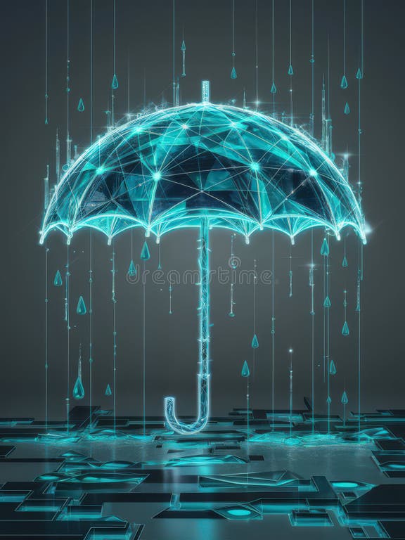 Futuristic Digital Umbrella with Neon Raindrops and Grid Background ...