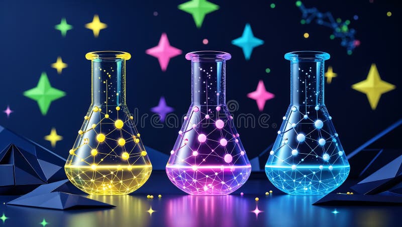 Futuristic Digital Vector of Laboratory Flasks with Glowing Abstract ...