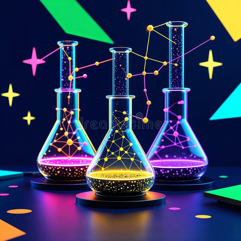 Futuristic Digital Vector of Laboratory Flasks with Glowing Abstract ...