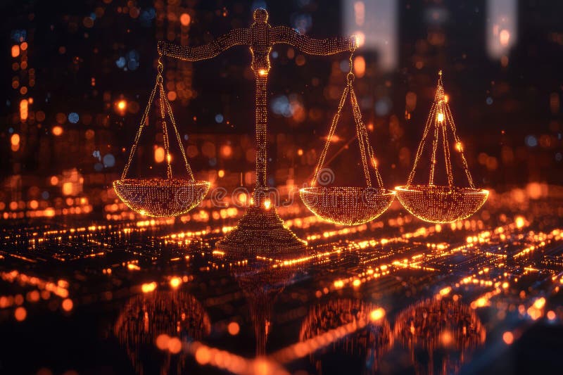 Digital Scales of Justice Surrounded by Futuristic Glowing Computer ...