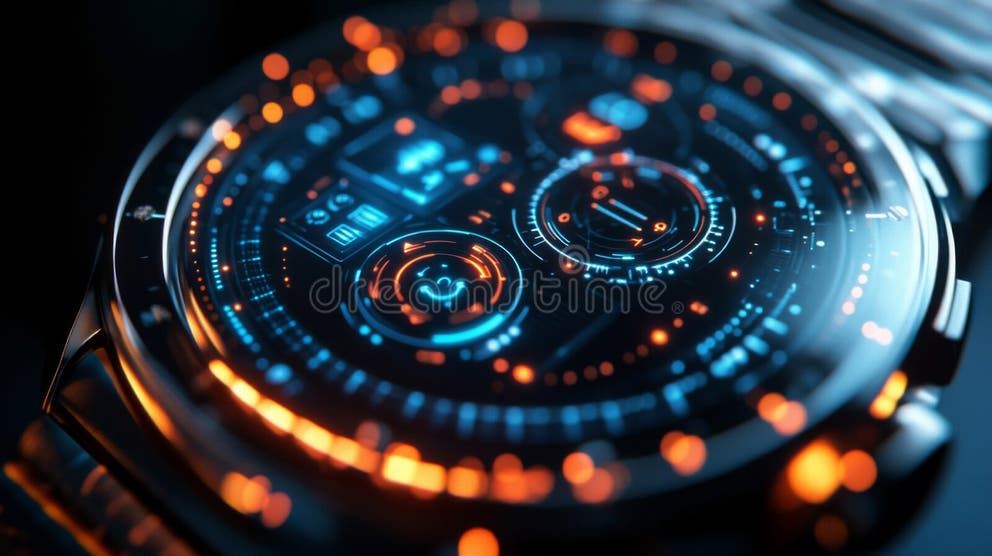 Futuristic Digital Watch with Glowing Orange and Blue Interface Stock ...