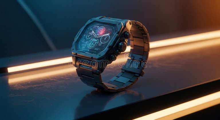 Futuristic Digital Watch with Metallic Strap Lit by Neon Lights in a ...
