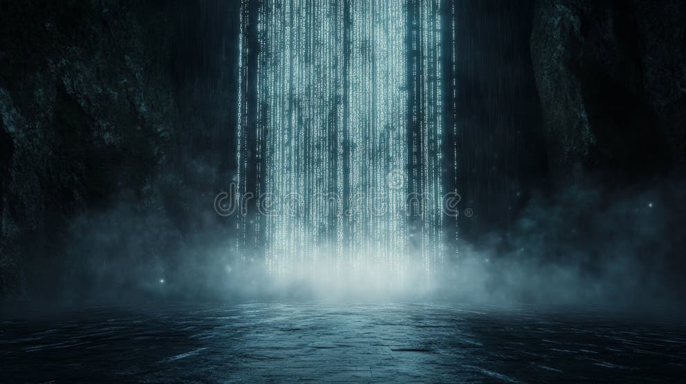 Futuristic Digital Waterfall of Binary Code in a Mystical Cave Setting ...