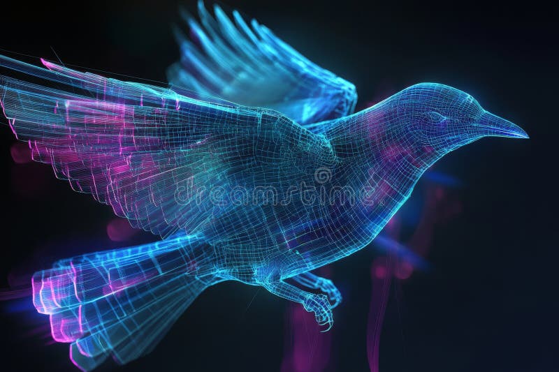 Futuristic Digital Wireframe Bird with Neon Blue and Pink Glowing Lines ...