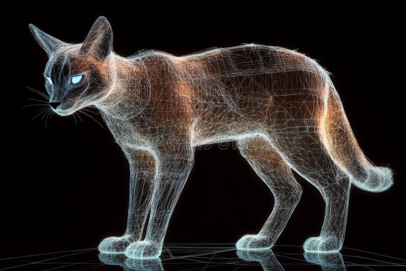Futuristic Digital Wireframe Cat with Glowing Eyes on Black Background ...