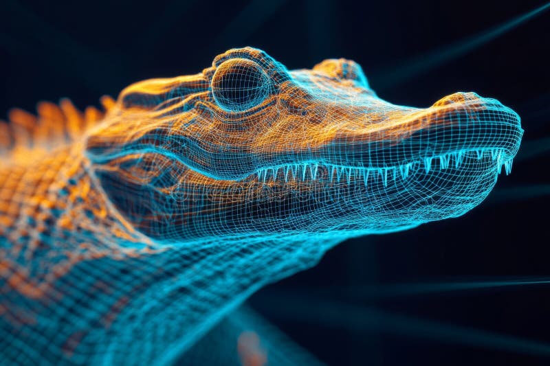Futuristic Digital Wireframe of Crocodile Head with Neon Blue and ...