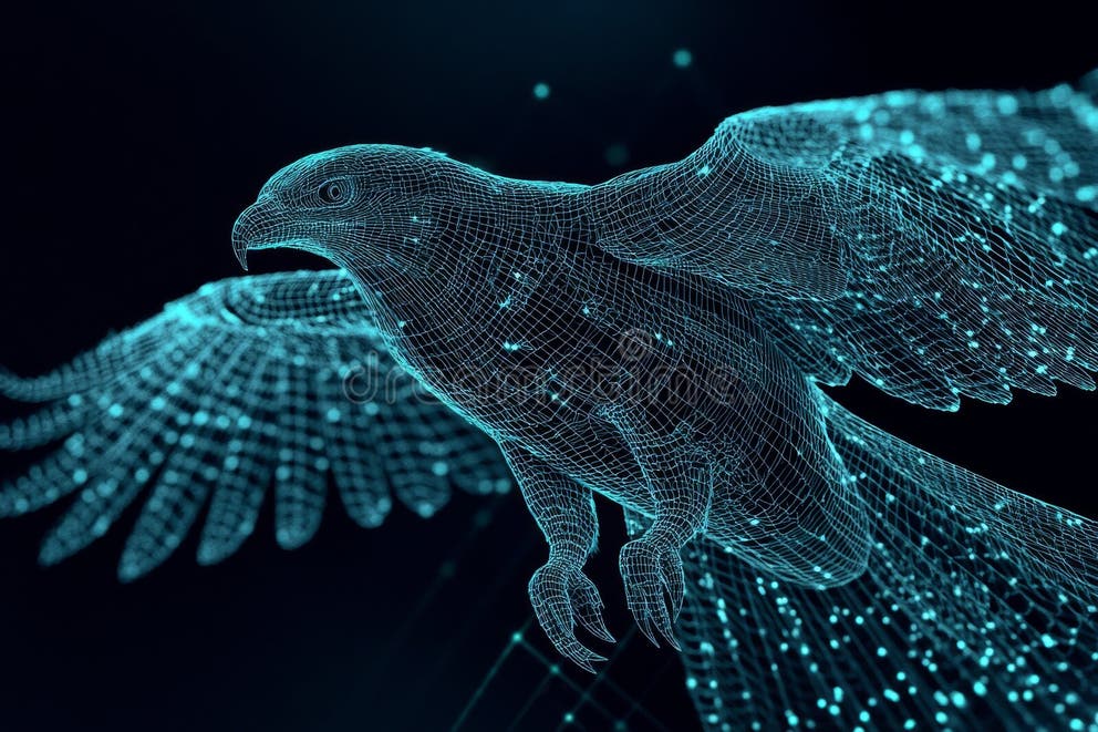 Futuristic Digital Wireframe of an Eagle in Flight with Glowing Blue ...