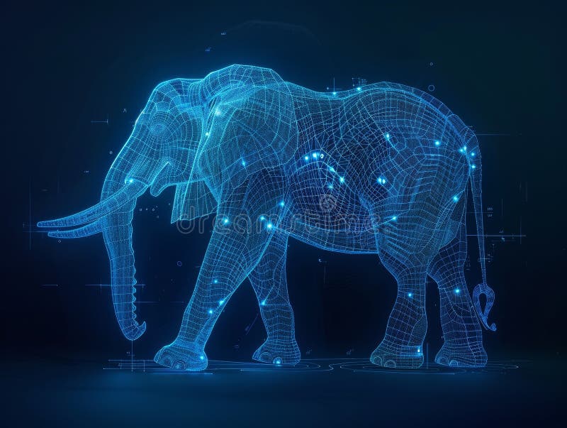 Futuristic Digital Wireframe of an Elephant with Glowing Blue Lights on ...