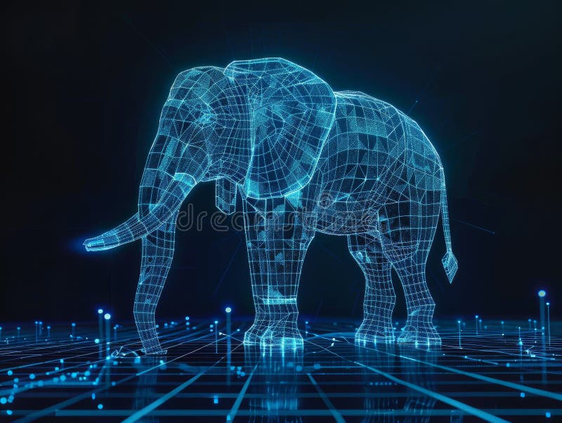 Futuristic Digital Wireframe Elephant in a Virtual Reality Environment ...