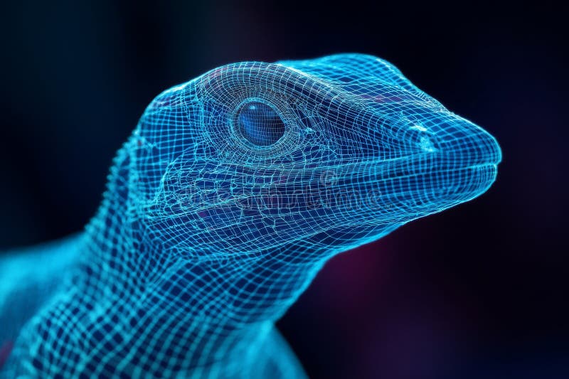 Futuristic Digital Wireframe Lizard Head Rendered in Blue Light on Dark ...