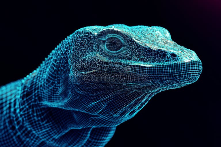 Futuristic Digital Wireframe Lizard in Neon Blue Light on Black ...