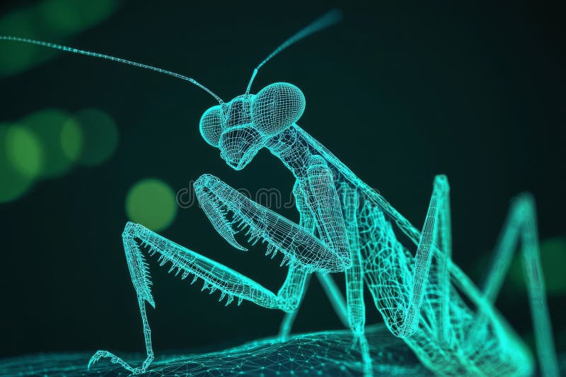 Futuristic Digital Wireframe of a Praying Mantis on a Dark Background ...