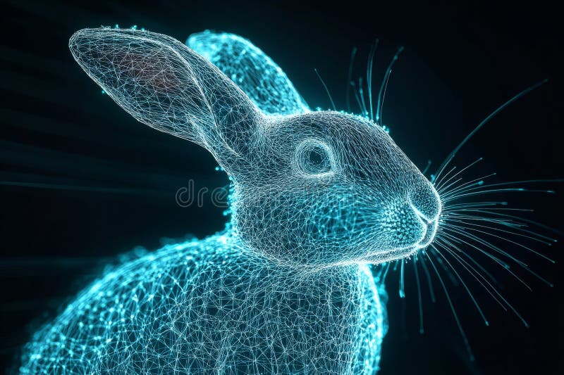 Futuristic Digital Wireframe Rabbit with Neon Blue Light on Black ...