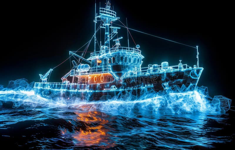Futuristic Digital Wireframe of a Ship on a Dynamic Ocean with Neon ...