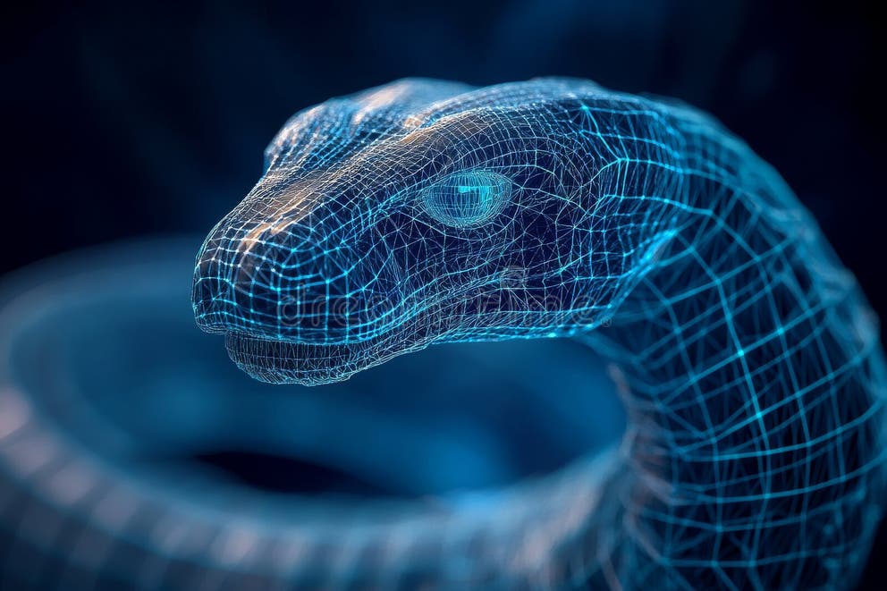 Futuristic Digital Wireframe Snake in Neon Blue Light on Dark ...