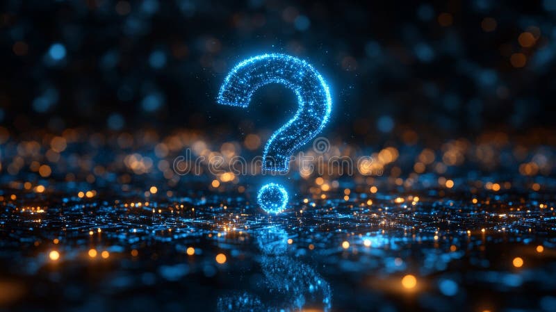 Futuristic Digital Wireframe Technology Concept with Neon Question Mark ...