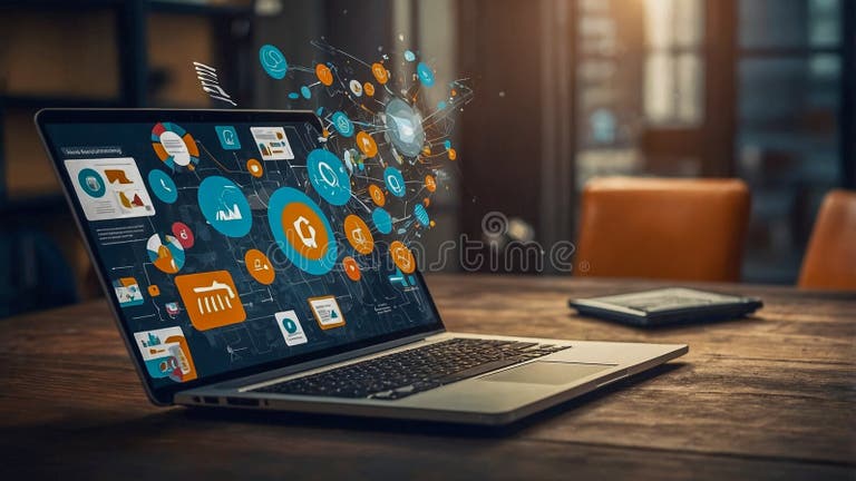 Futuristic Digital Workflow Interface on a Laptop Screen Stock ...