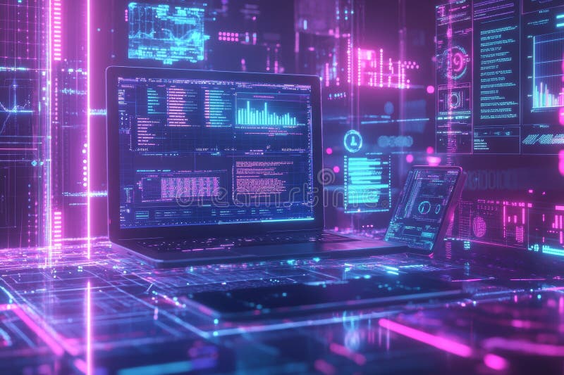 Futuristic Digital Workspace Featuring Laptop with Holographic ...