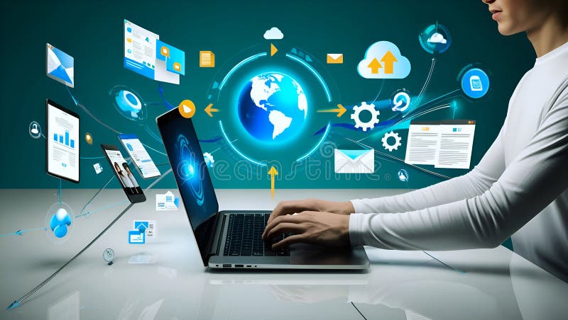 Futuristic Digital Workspace with Global Network and Cloud Technology ...