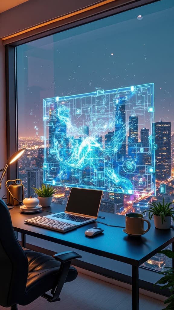 Futuristic Digital Workspace with Holographic Cityscape and High-tech ...