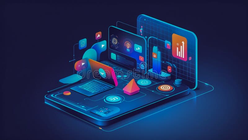 Futuristic Digital Workspace with Holographic UI Stock Illustration ...