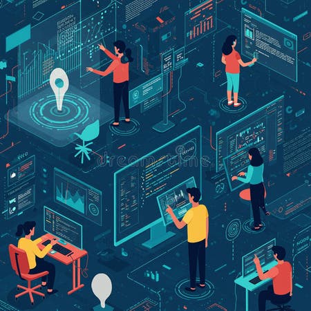 Futuristic Digital Workspace Scene with Multiple People Interacting ...