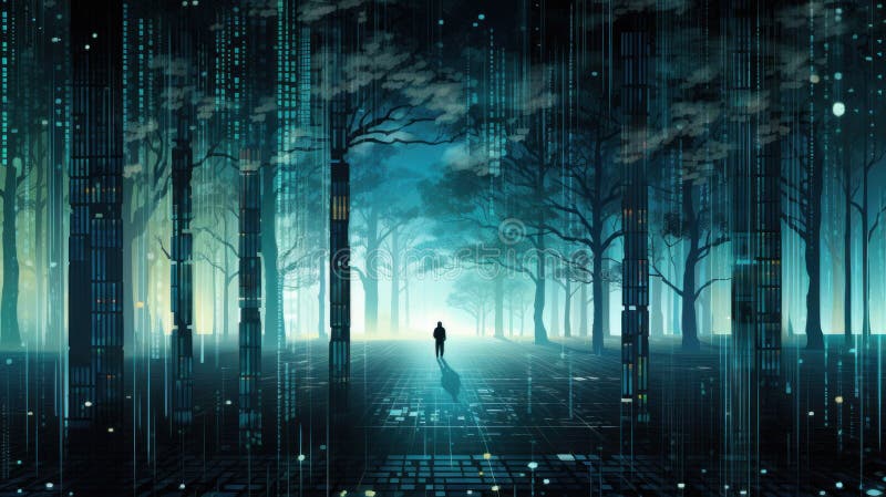 Futuristic Digital World with Binary Code Streams. Pixel Art-inspired Digital Landscape with ...