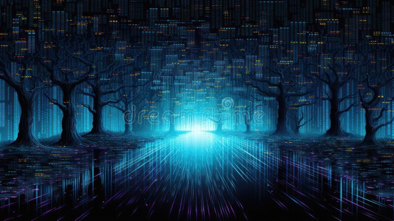 Futuristic Digital World With Binary Code Streams Retro Futuristic Binary Code Pixel Art