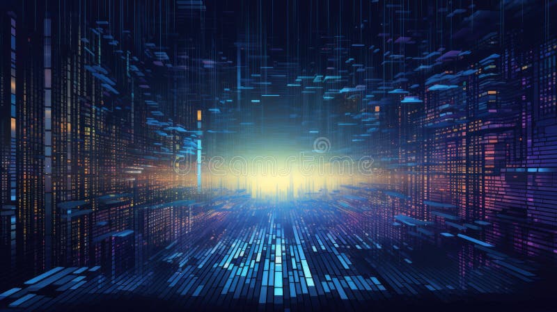 Futuristic Digital World With Binary Code Streams Retro Futuristic Binary Code Pixel Art