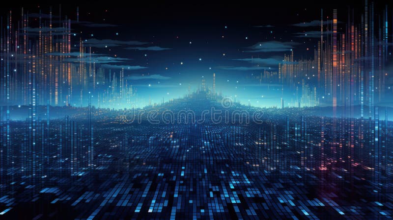 Futuristic Digital World With Binary Code Streams Retro Futuristic Binary Code Pixel Art