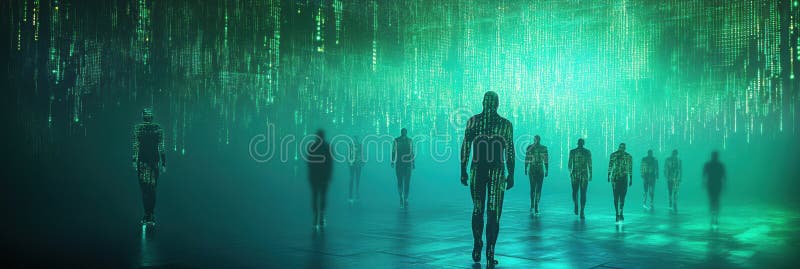 Futuristic Digital World with Human Silhouettes and Floating Matrix ...