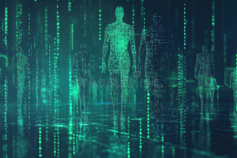 Futuristic Digital World with Human Silhouettes and Floating Matrix ...