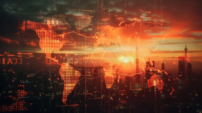 Sunset Urban Skyline Global Map Digital Overlay Stock Photos - Free ...