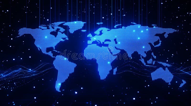 Futuristic Digital World Map Background with Blue Glowing Technology ...