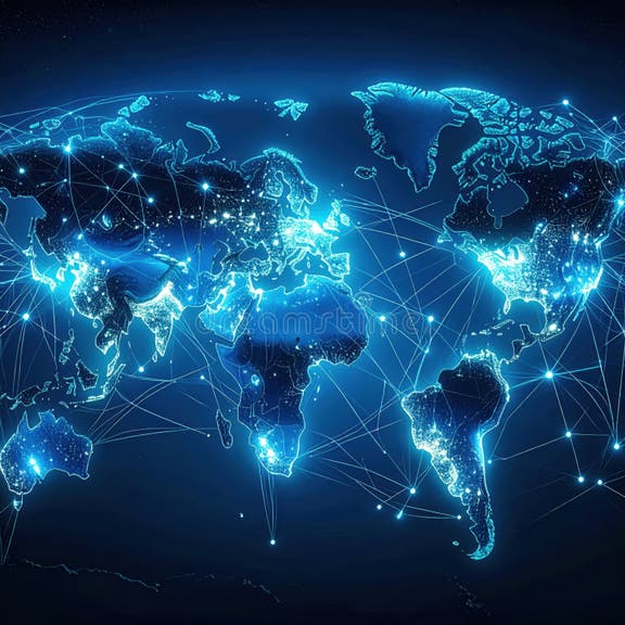 Futuristic Digital World Map with Connecting Lines and Glowing Light ...