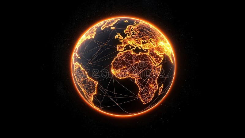 Futuristic Digital World Map Connection Network with Bright Orange ...