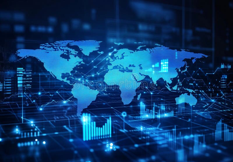 Futuristic Digital World Map with Data Charts Stock Illustration ...