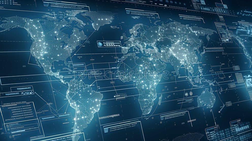 Futuristic Digital World Map with Data Interfaces Stock Illustration ...