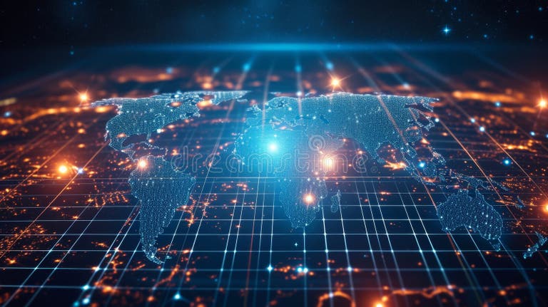 Futuristic Digital World Map with Data Points Stock Illustration ...