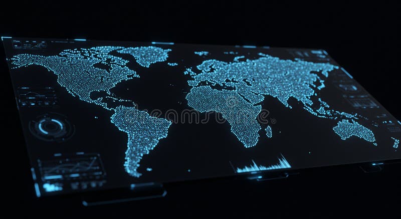 Futuristic Digital World Map with Glowing Blue Dots Forms the Continents on a Dark Stock ...