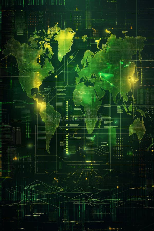 Futuristic Digital World Map with Glowing Green Data Points and Copy ... Futuristic Digital World Map with Glowing Green Data Points and Copy ...