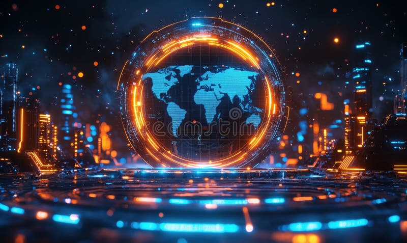Futuristic Digital World Map Glowing Neon Elements City Skyline Background Stock Photos - Free ...