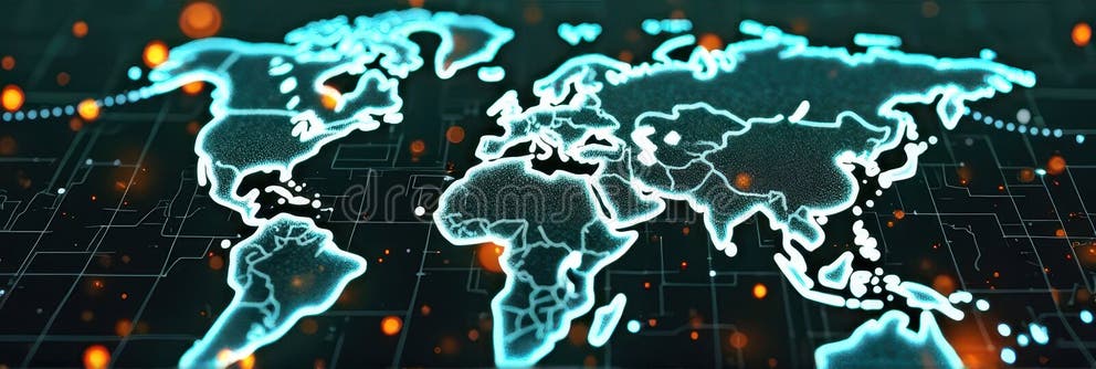 Futuristic Digital World Map with Glowing Network Connections Stock ...